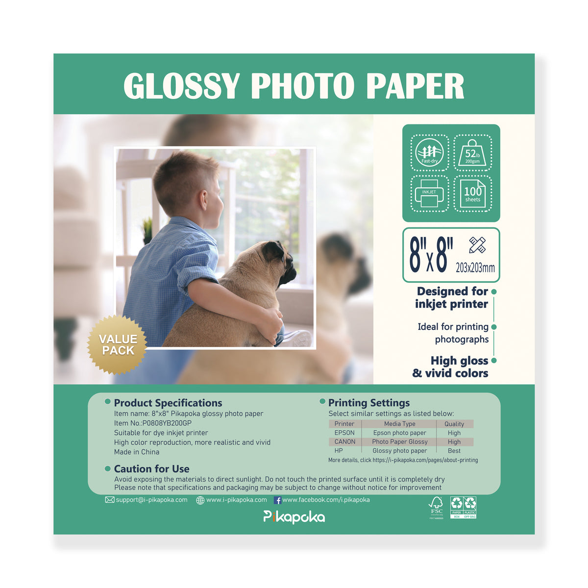 [US STOCK] Pikapoka 8x8 Square Photo Paper Glossy, Photo Quality Paper ...