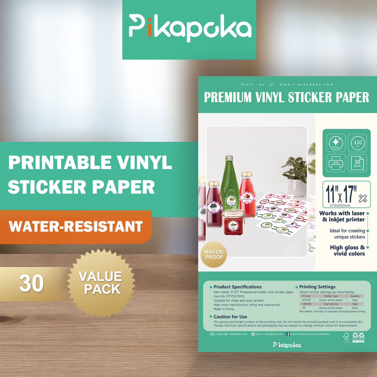 [US & CA STOCK] Pikapoka 11x17 Removable Self-adhesive Vinyl Sticker P ...